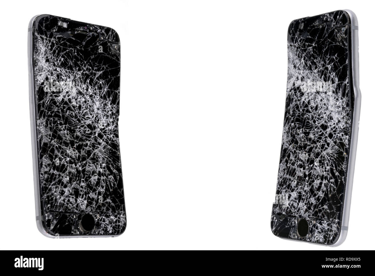 Two Modern mobile smartphone broken screen and damages. Cellphone ...