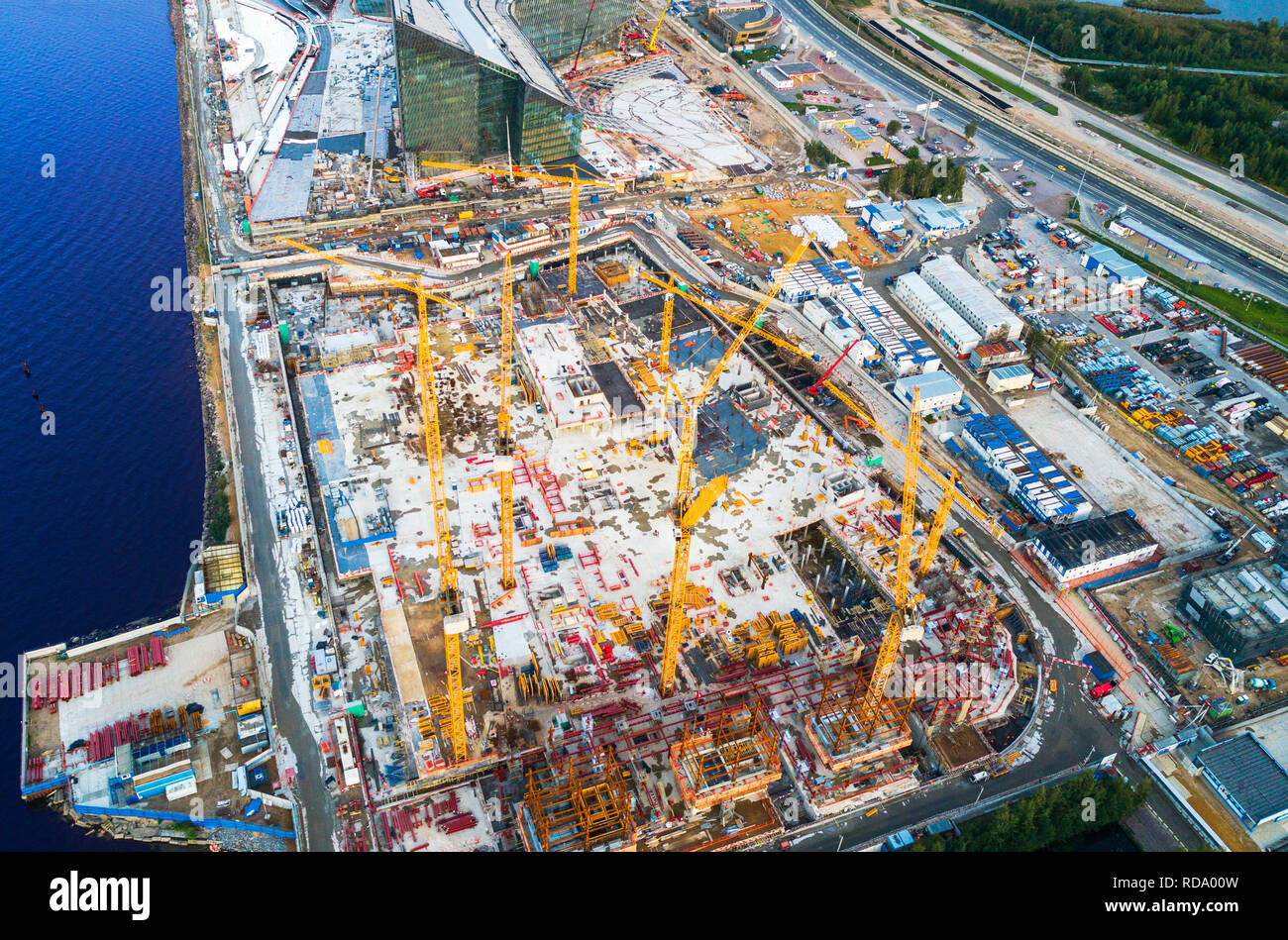 Aerial view of a Construction crane tower. Top view Crane and building ...