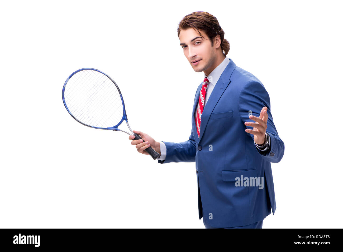 Elegant man with tennis racket isolated on white Stock Photo - Alamy