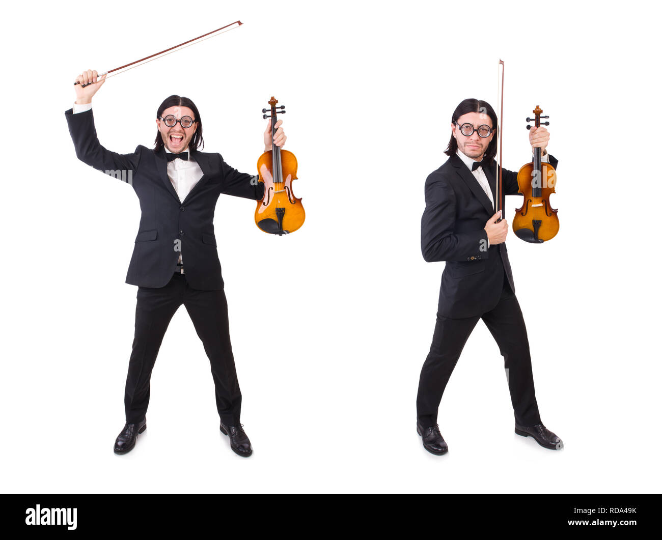 Funny man with music instrument on white Stock Photo - Alamy