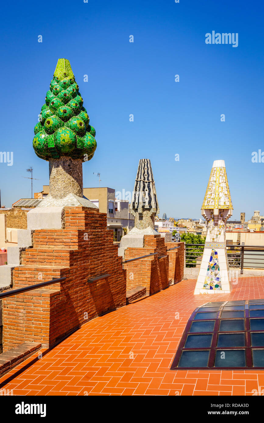 Barcelona, Spain, April 21, 2017: Rooftop view from Palau Guell ...