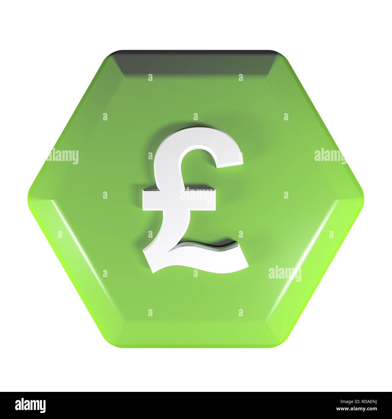 Green hexagonal push button Pound currency symbol - 3D rendering ...