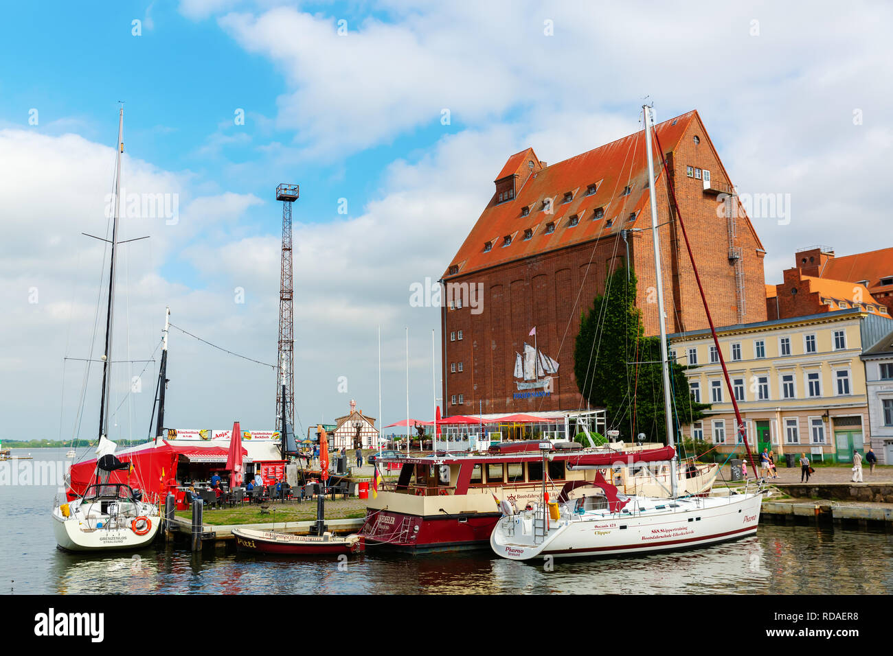 Stralsund, Germany - May 12 2018: view of the port of Stralsund with ...