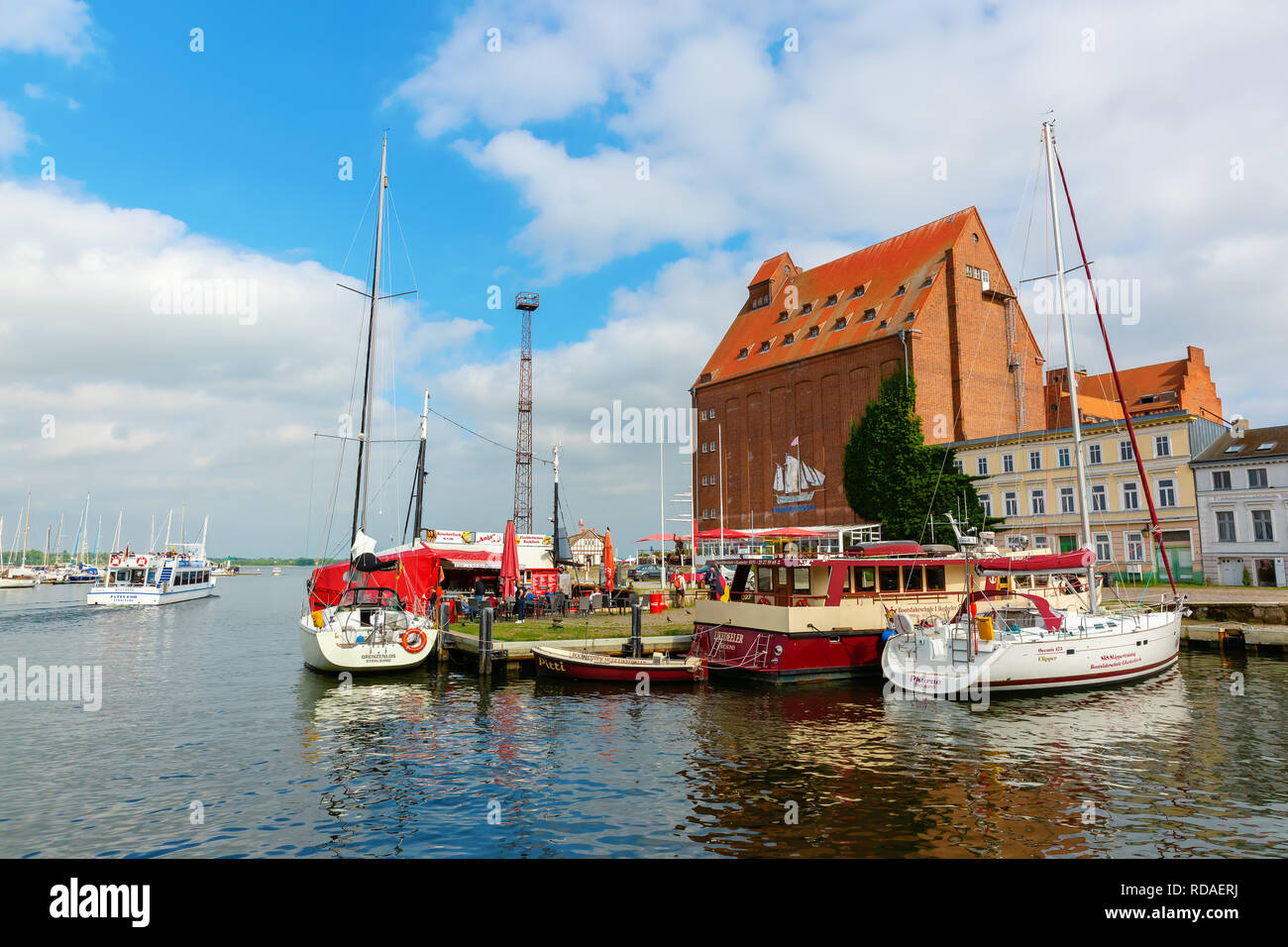 Stralsund, Germany - May 12 2018: view of the port of Stralsund with ...