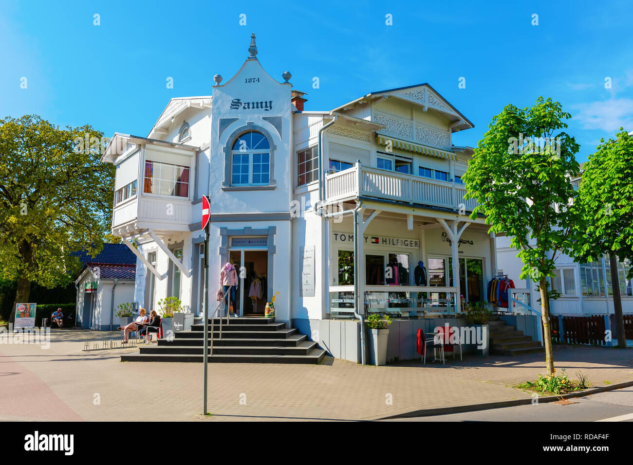 Binz, Germany - May 09, 2018: old building with apparel store in Binz ...