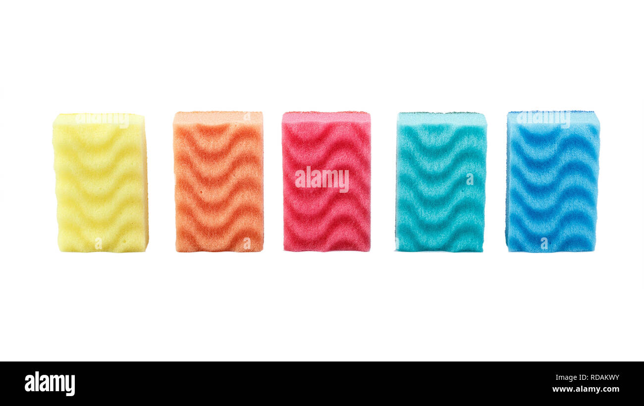 five multi-colored washcloths on a white background, isolated Stock ...