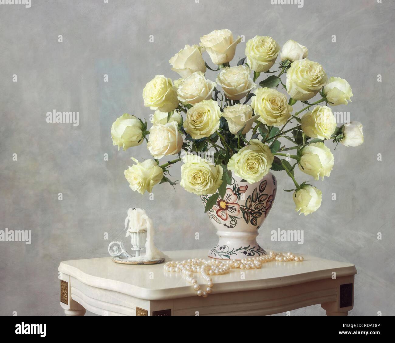 Still life with bouquet of white roses Stock Photo - Alamy