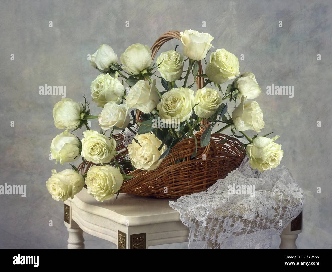 Still life with bouquet of white roses Stock Photo - Alamy