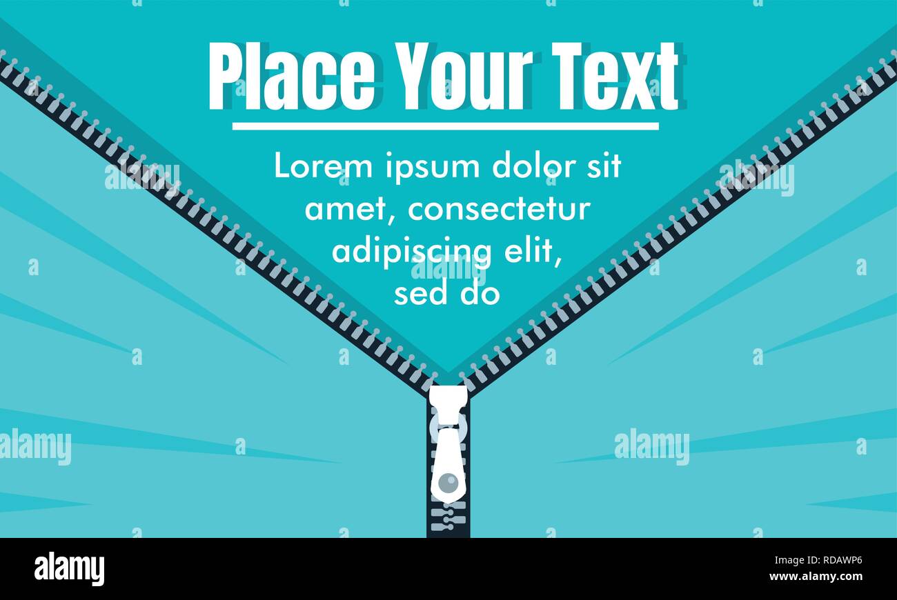 Metal zipper blue clothes concept banner. Flat illustration of metal ...