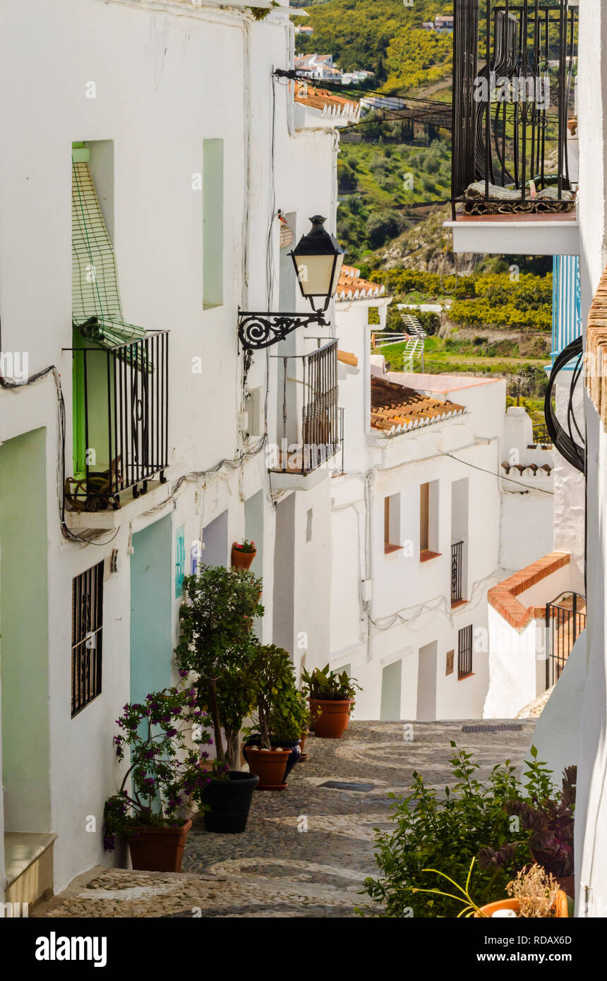 beautiful and picturesque narrow street with white facades of buildings ...