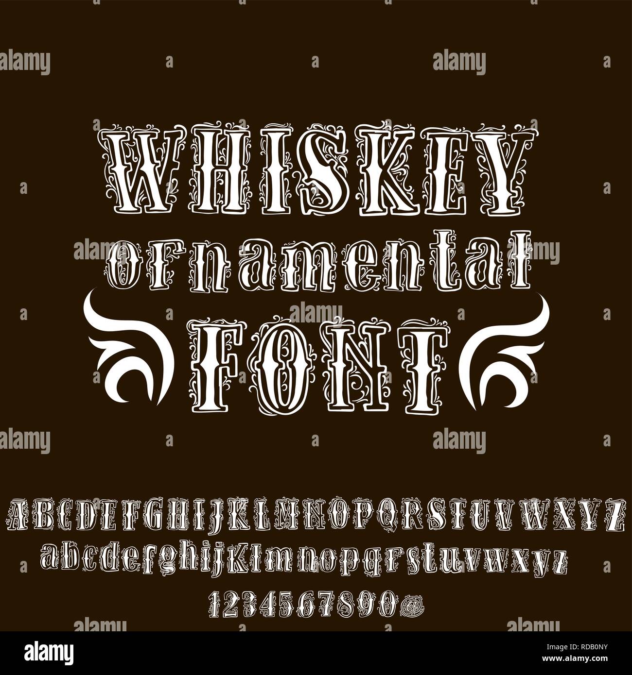 Ornamental whiskey font. Hand drawn letters and numbers in vintage ...