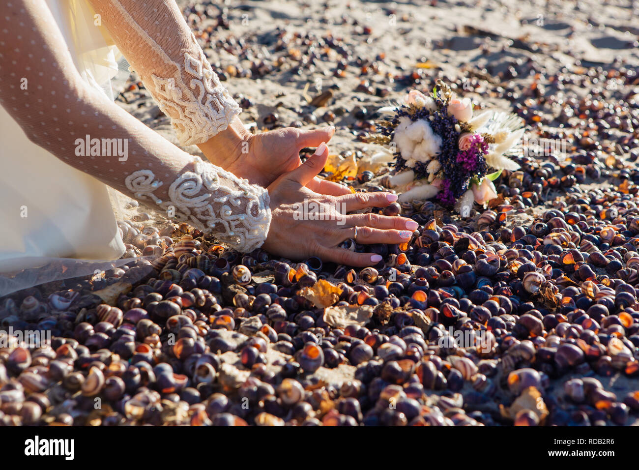 Close up hands of a bride playing with snail shells on the beach Stock ...