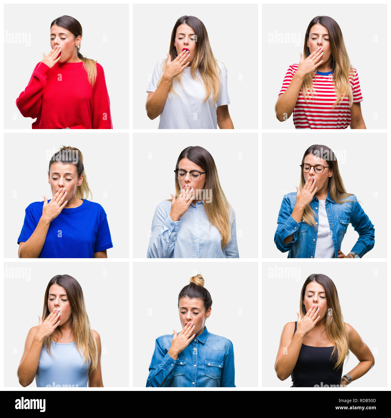 Collage of young beautiful woman over isolated background bored yawning ...