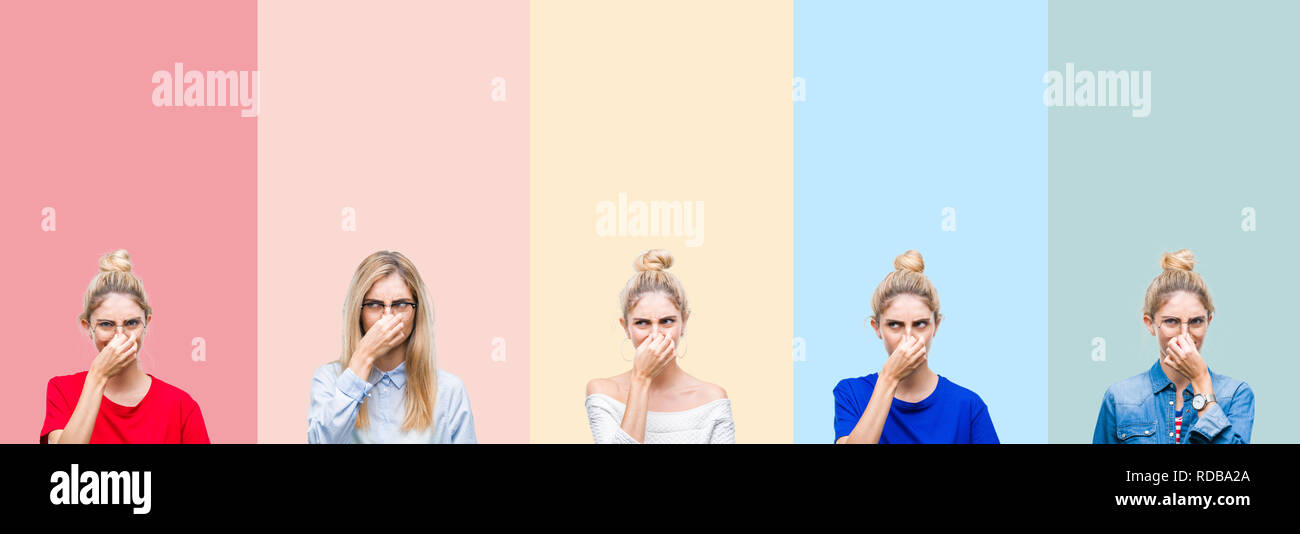 Collage of beautiful blonde woman over colorful stripes isolated ...