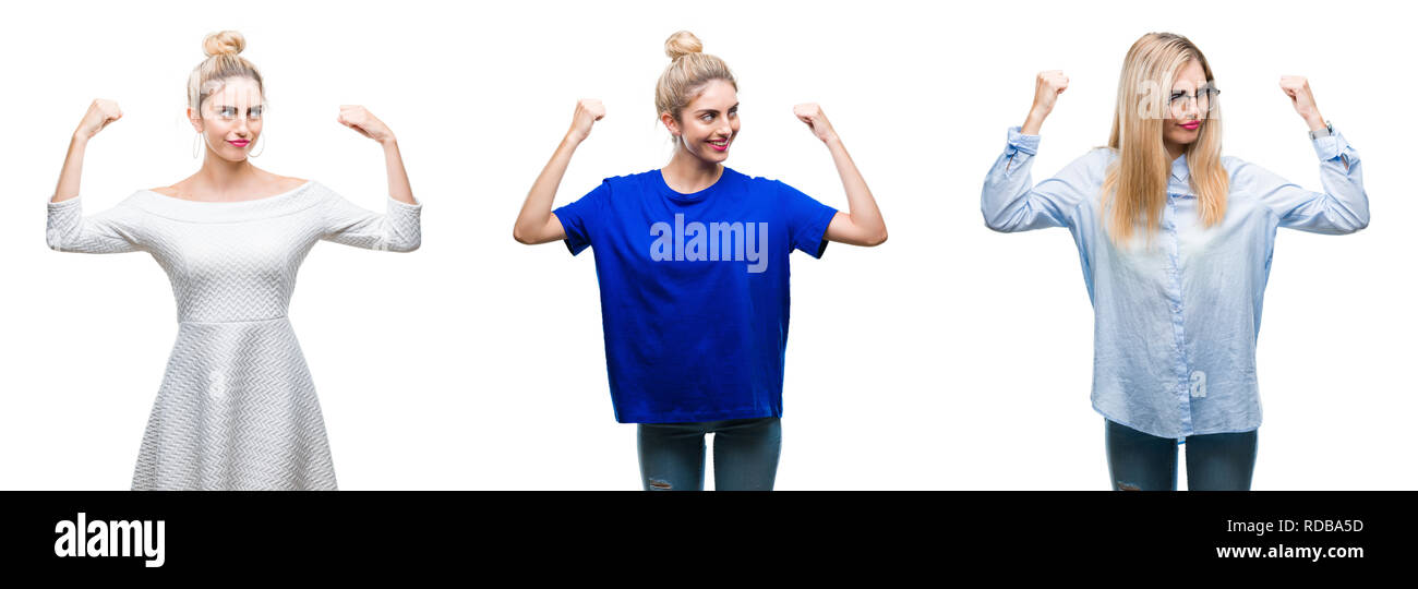 Collage of young beautiful blonde woman over isolated background ...