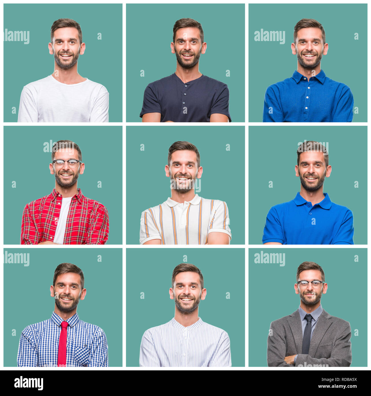 Collage of handsome young man over green isolated background happy face ...
