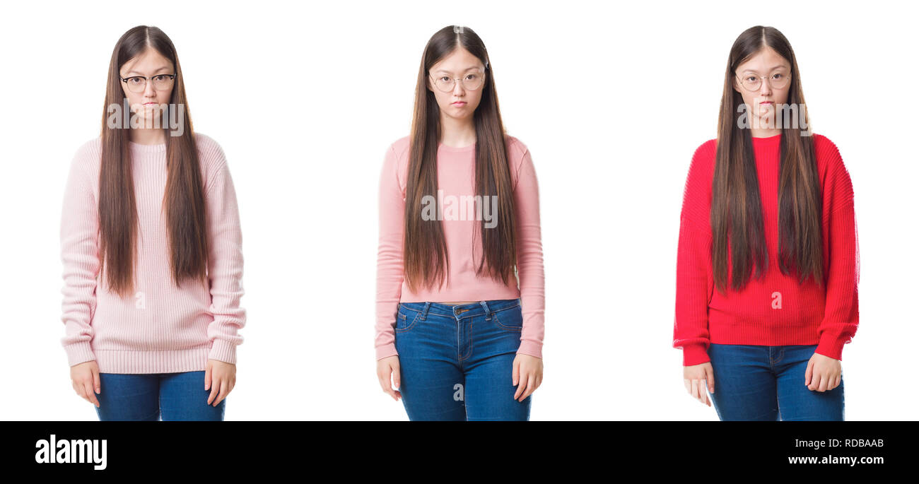 Collage of young beautiful Chinese woman over isolated background ...