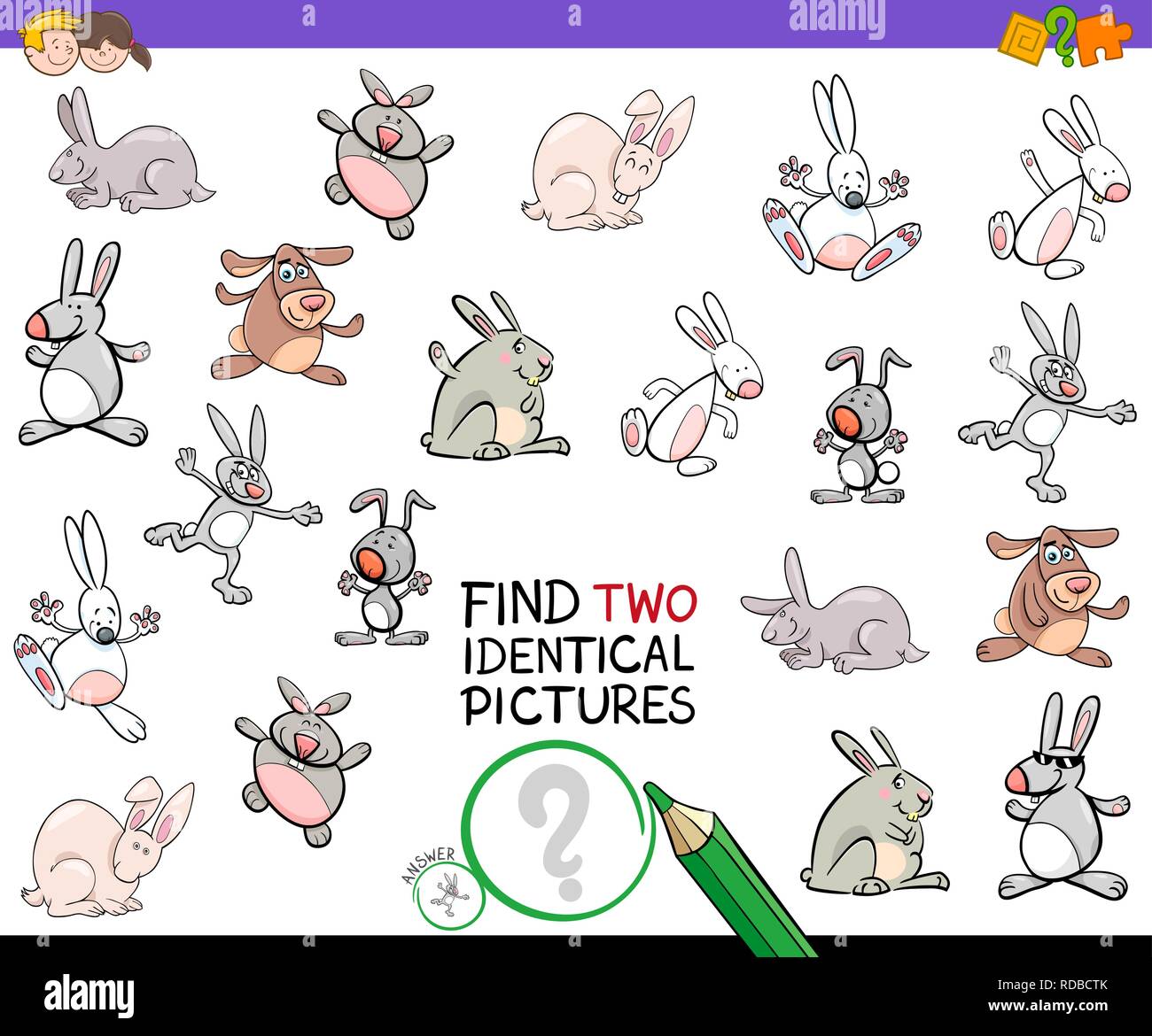 Cartoon Illustration of Finding Two Identical Pictures Educational Game ...