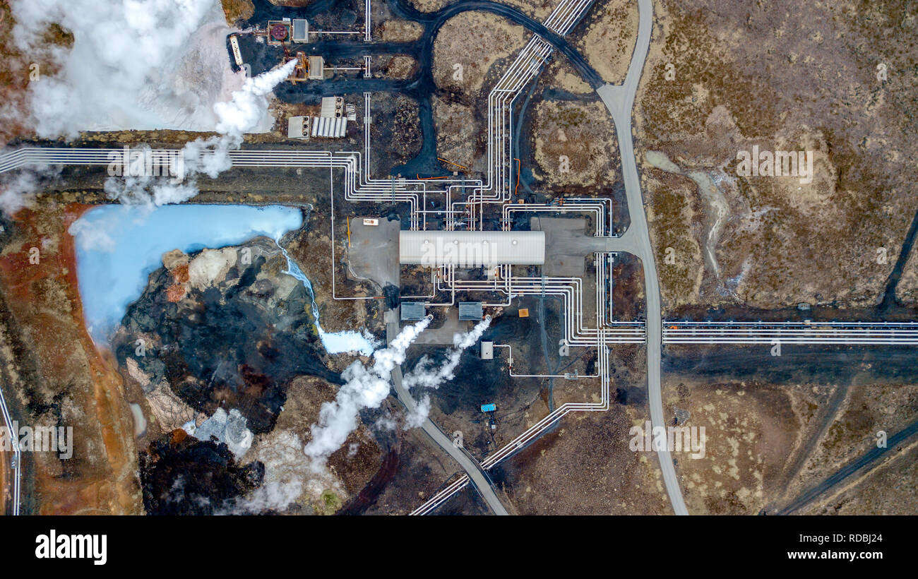 factory with Icelandic pipes seen from the drone Stock Photo - Alamy