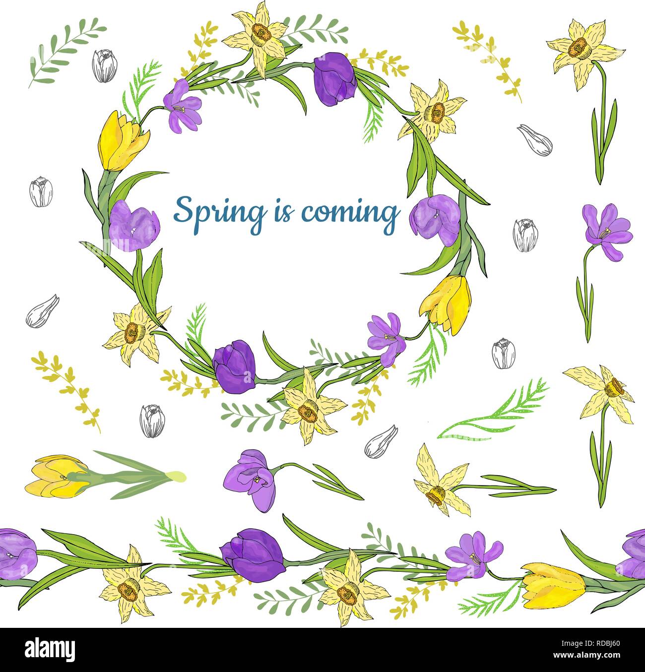 Colorful wreath from various spring flowers. Endless horizontal brush ...