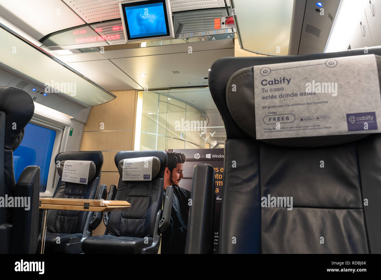 Interior of a high-speed Renfe train car with travel passages, Leather ...