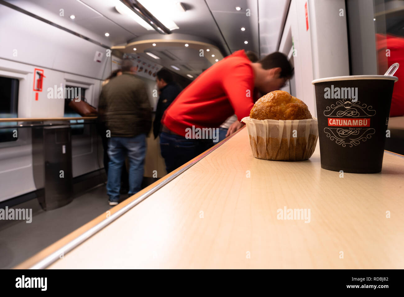 Passengers in the cafeteria wagon of a high-speed train Stock Photo - Alamy