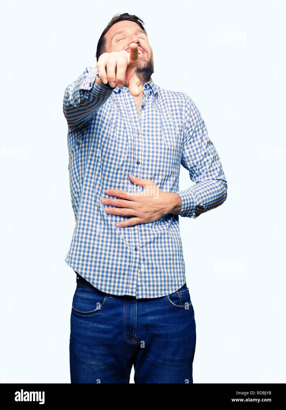 Handsome business man with blue eyes Laughing of you, pointing to the ...