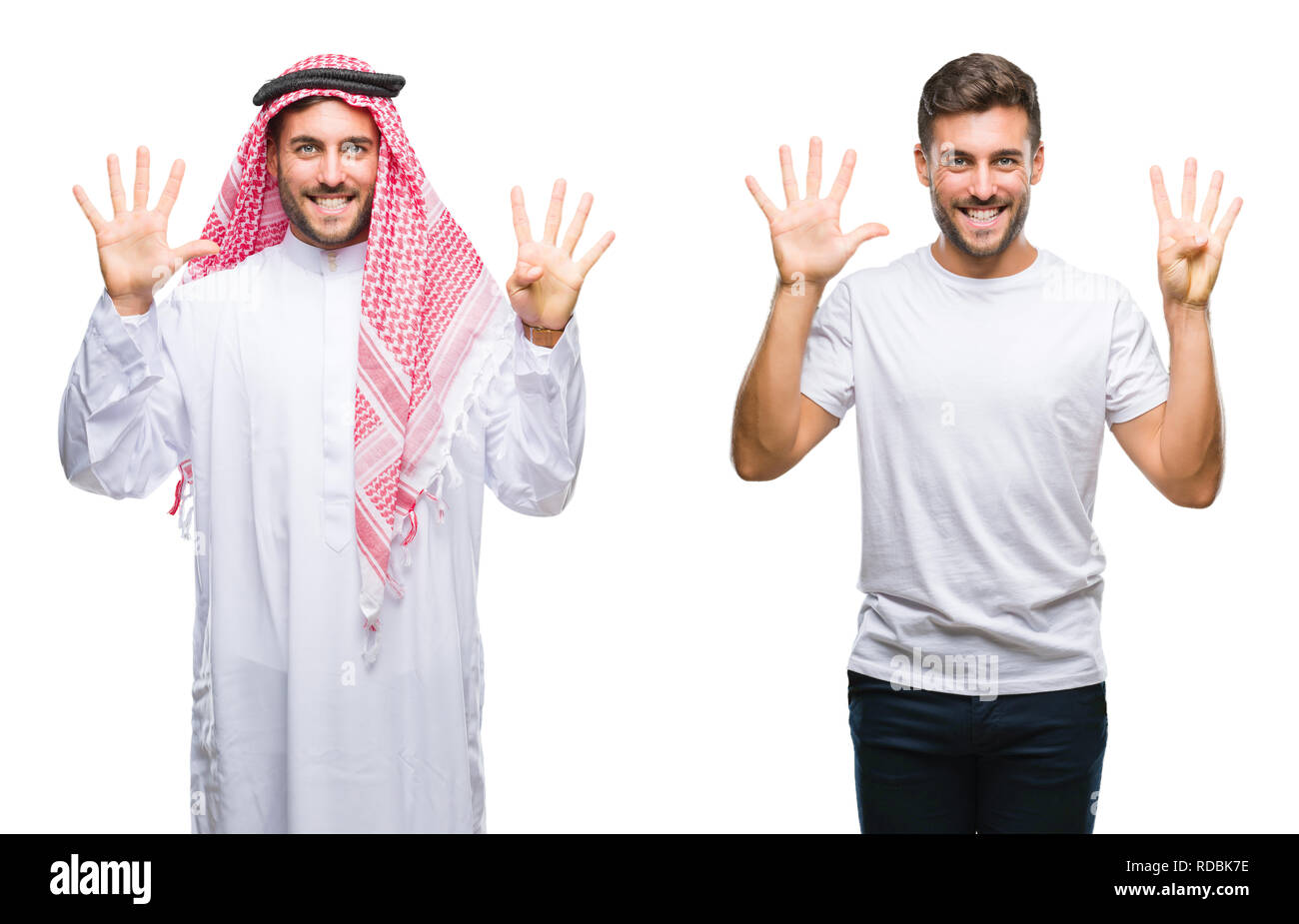 Collage of handsome young man and arab man over isolated background ...
