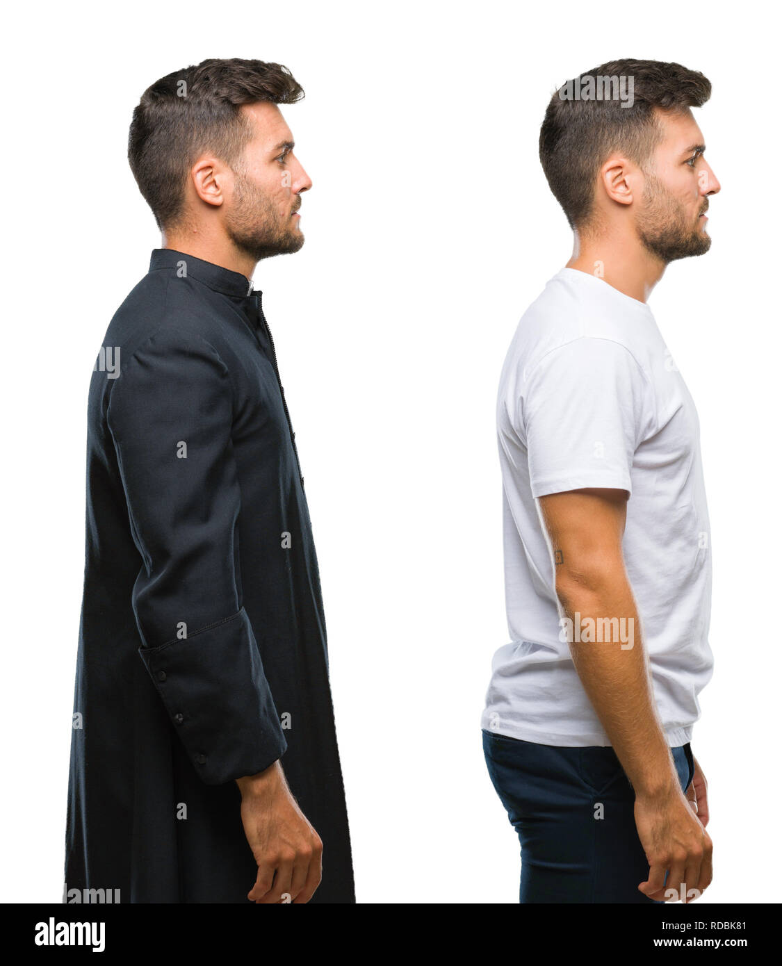 Collage of handsome young man and catholic priest over isolated ...