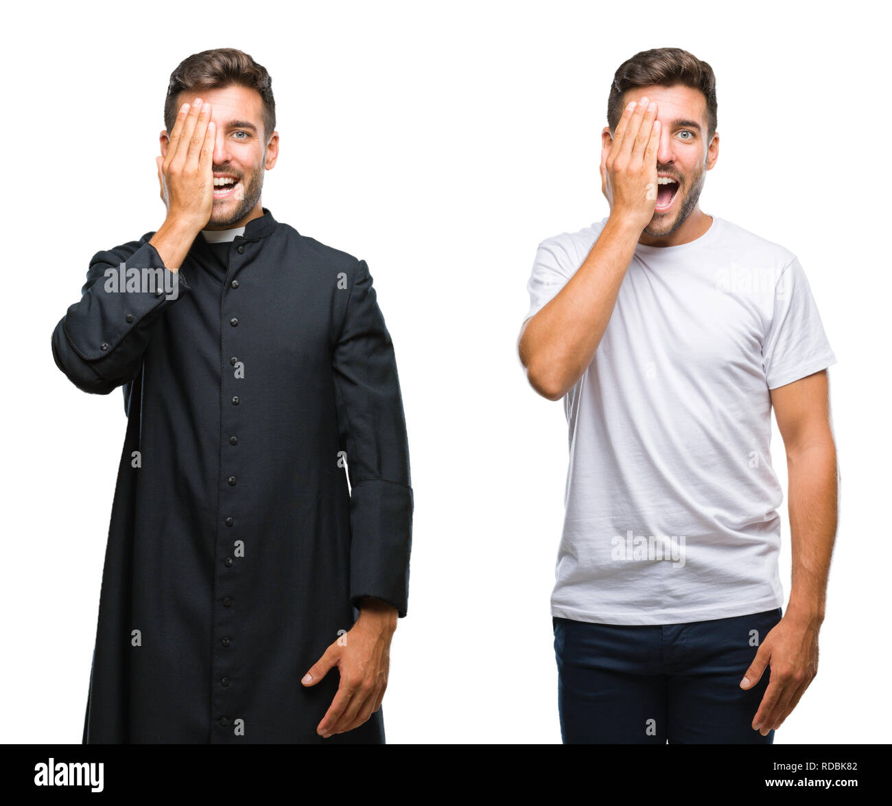 Collage of handsome young man and catholic priest over isolated ...