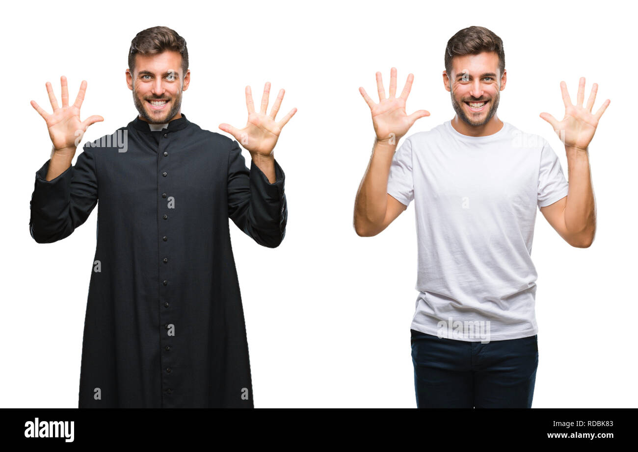 Collage of handsome young man and catholic priest over isolated ...