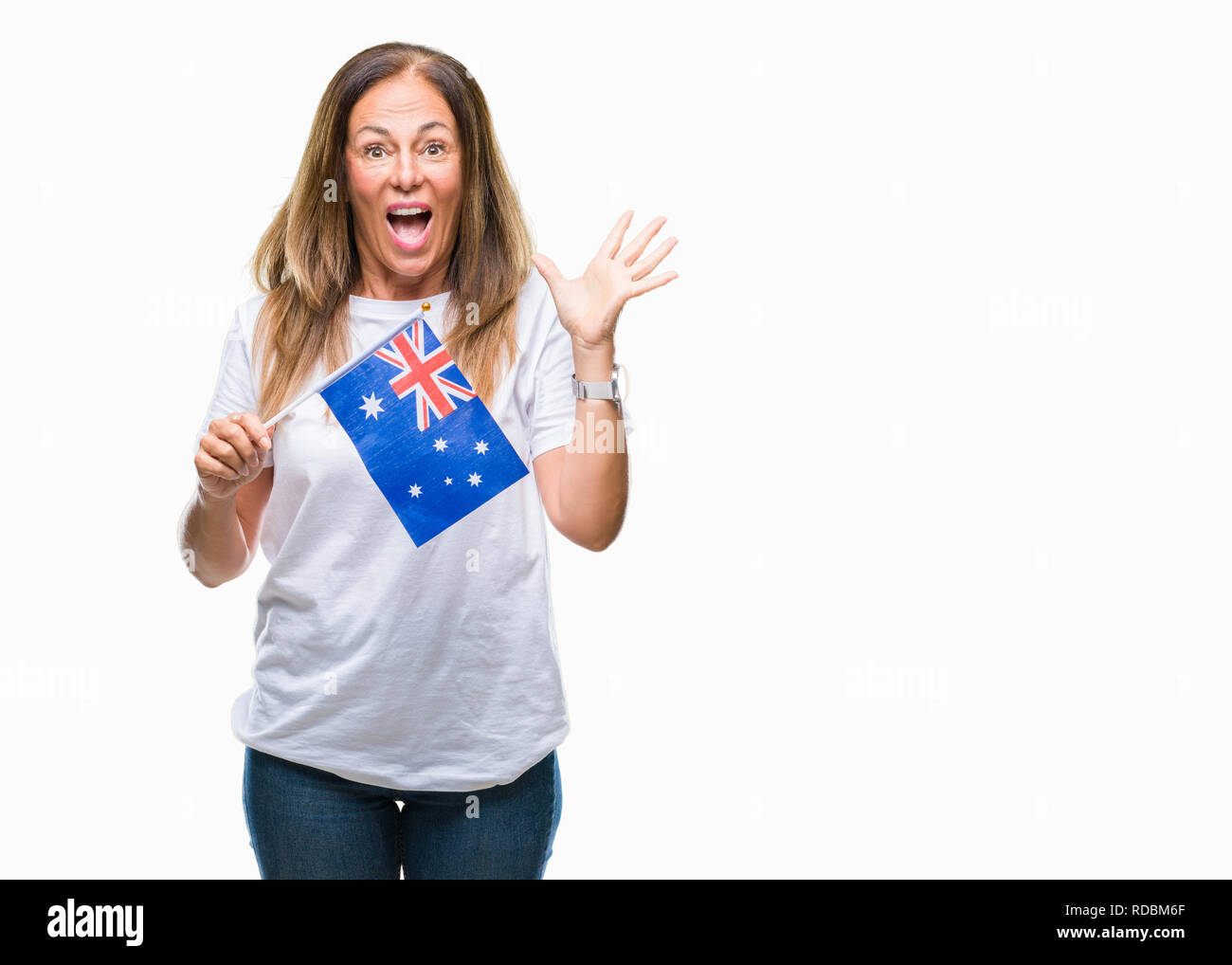 Middle age hispanic woman holding flag of Australia over isolated ...
