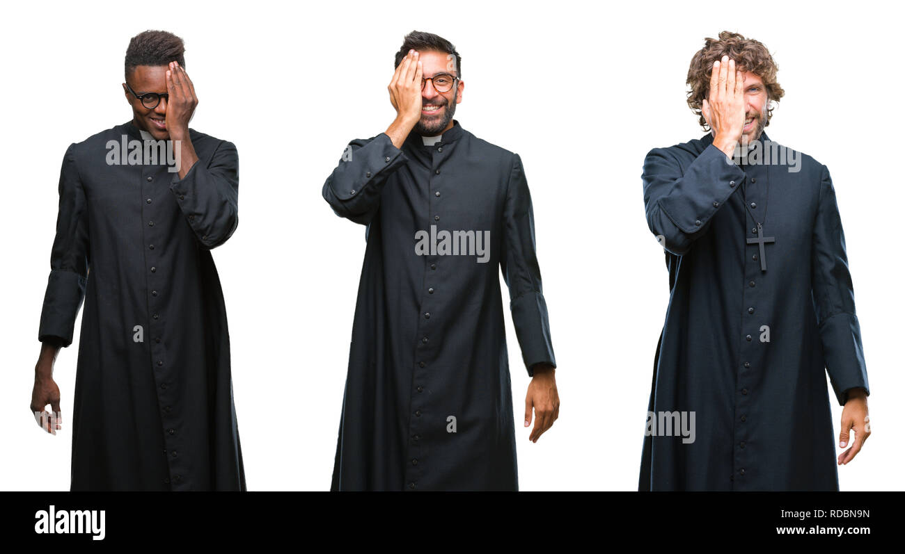Collage of christian priest men over isolated background covering one ...