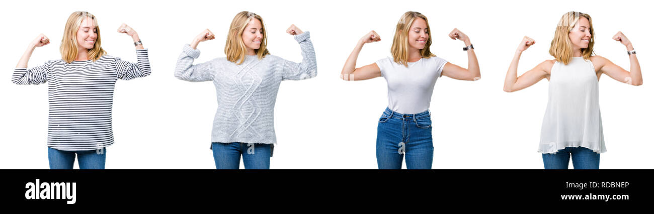 Collage of beautiful blonde woman over white isolated background ...