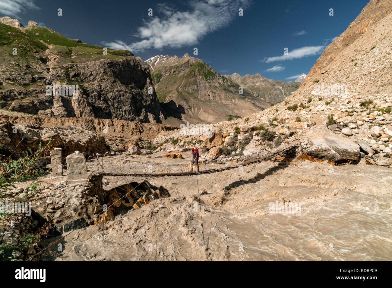 Karakoram, Pakistan - July 24, 2018: Extreme river crossing on fragile ...