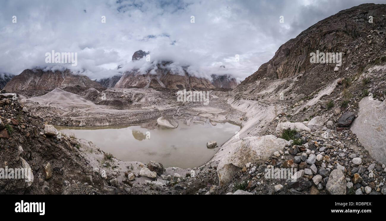 Lake forming on Baltoro Glacier high up in Karakoram Mountain Range in ...