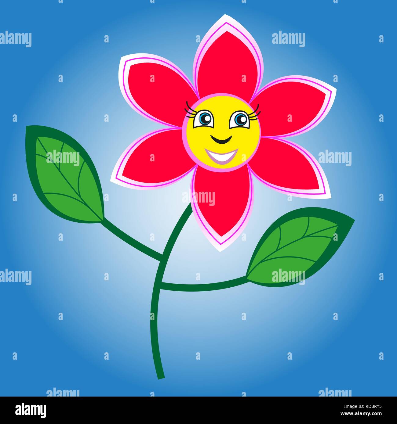 Happy and smiling flower with red petals isolated by blue gradient ...