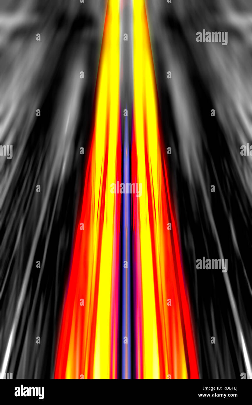 Dynamic red and yellow light beams on a black and white background ...