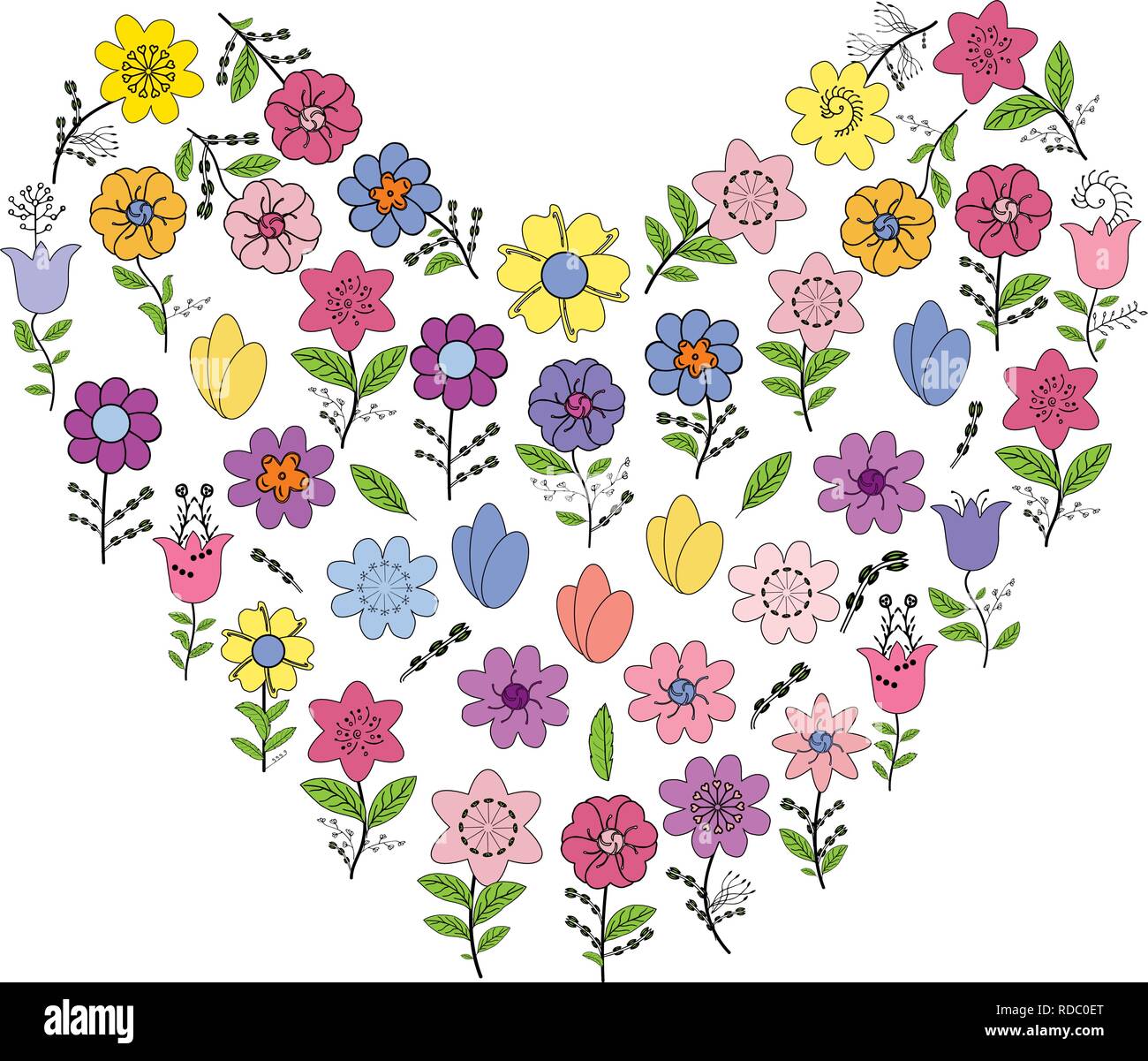 Abstract heart made from different spring flowers. Individual elements ...
