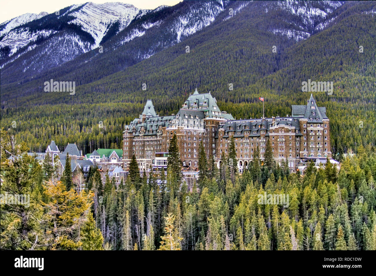 View of luxurious Banff Fairmont Springs Hotel, an historic landmark in Banff National Park ...