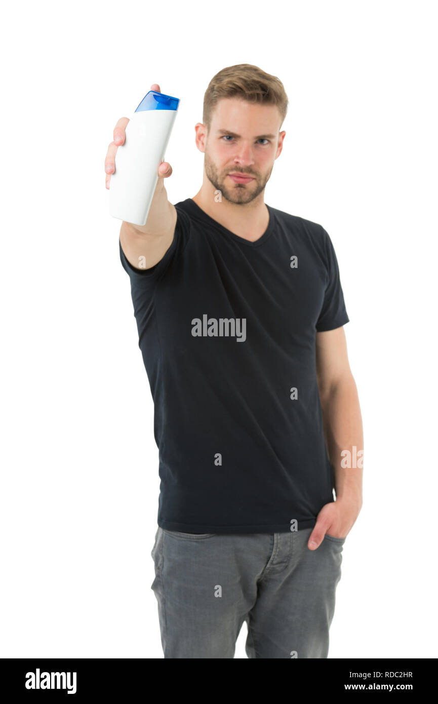 Guy satisfied with this shampoo. Man bearded stylish hold plastic ...