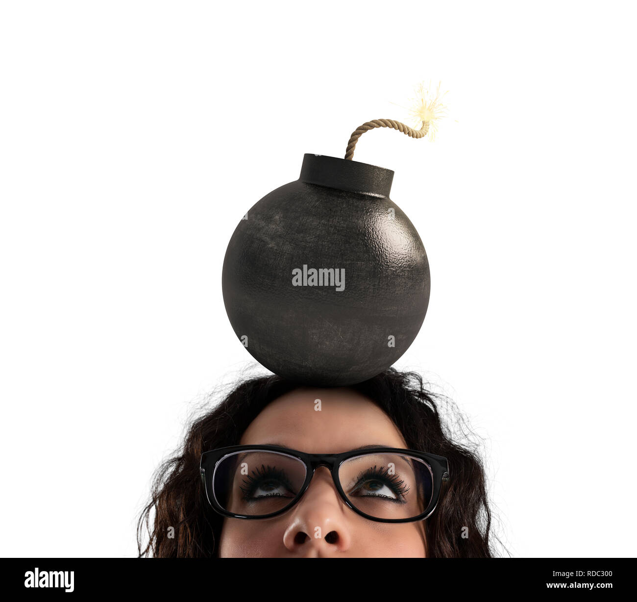 Businesswoman stunned by strong headache with a bomb over the head ...