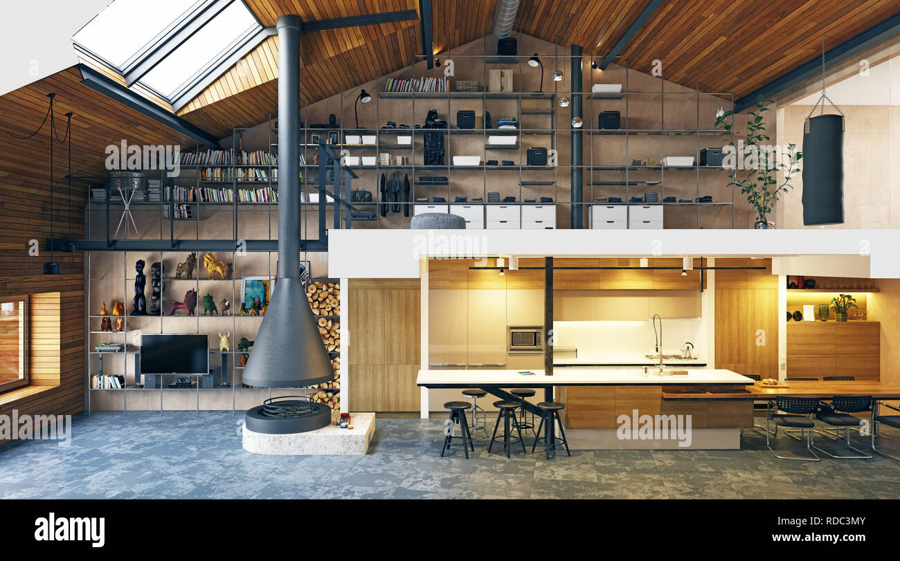 modern loft living room interior. Cross section. 3d rendering design ...