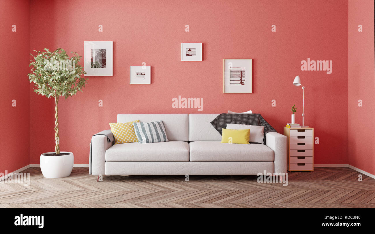 modern interior design. Living coral concept. 3d rendering Stock Photo ...