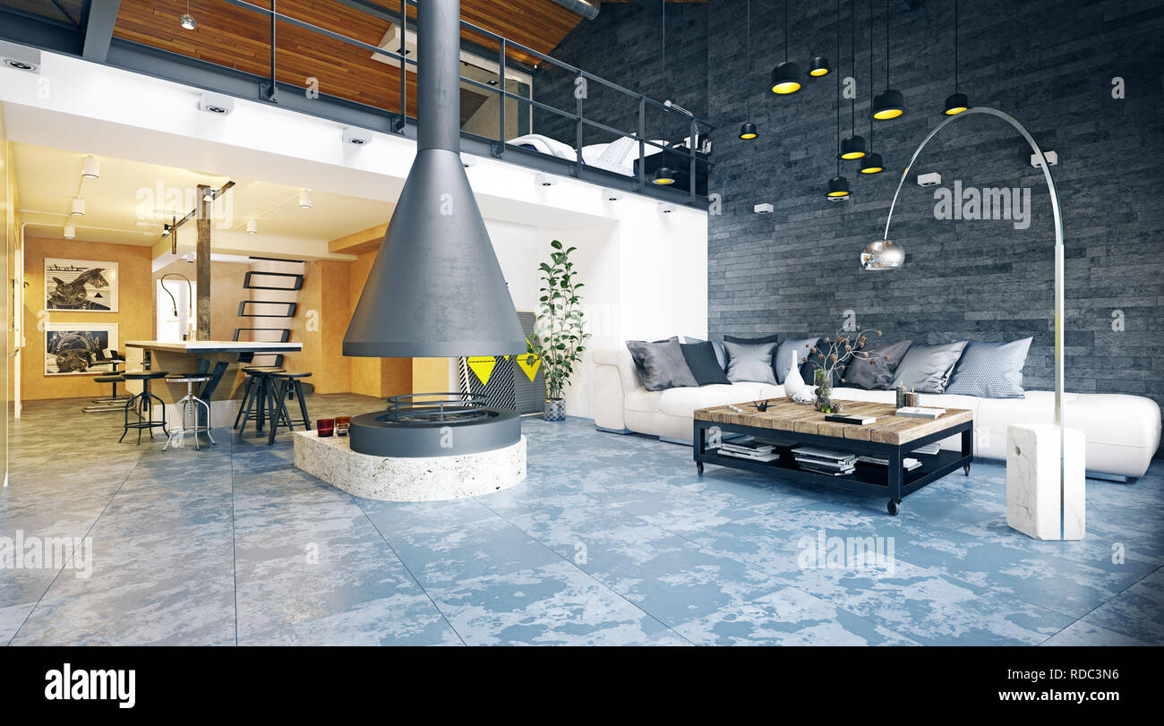 modern loft living room interior. 3d rendering design concept Stock ...