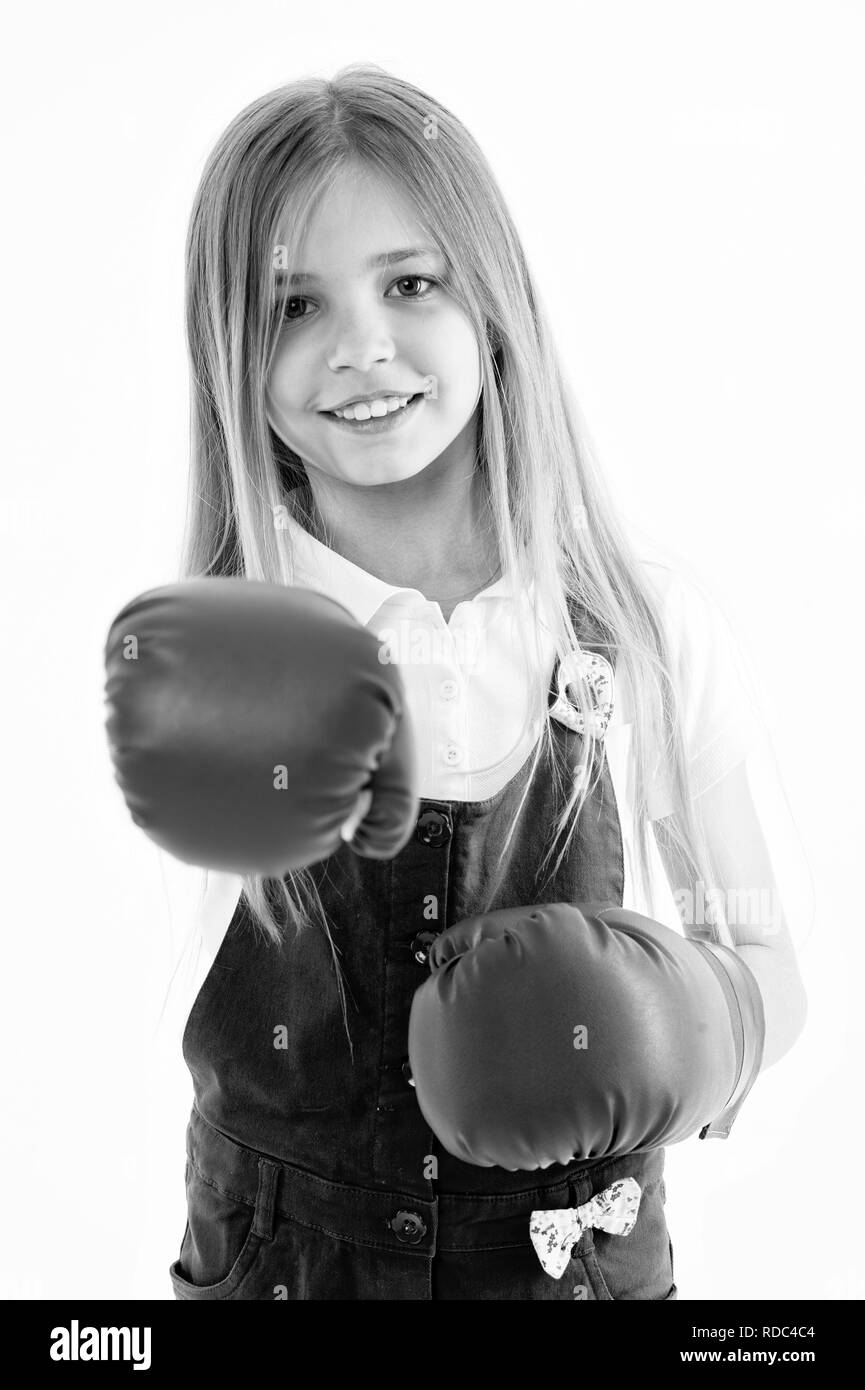 Girls power concept. Girl on smiling face posing with boxing gloves ...