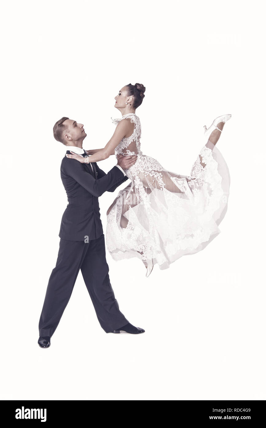 beautiful ballroom dance couple in a dance pose isolated on white ...