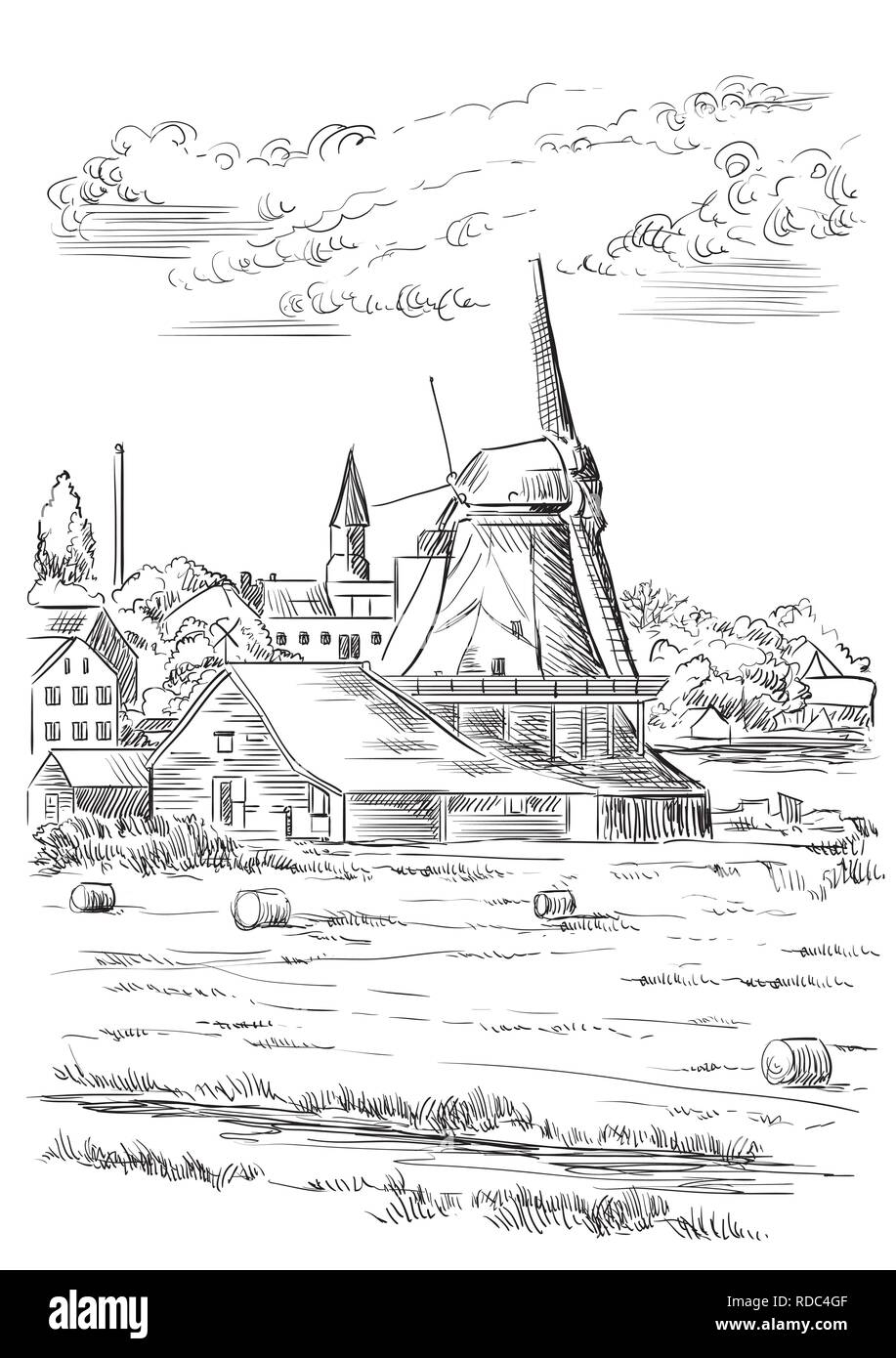 Vector hand drawing Illustration of watermill in Amsterdam (Netherlands ...