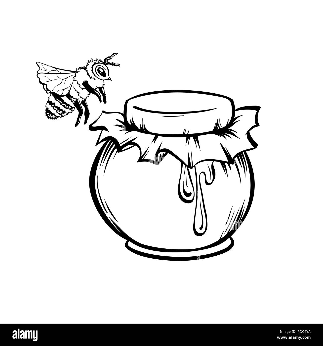 Honey and Bee, Outline Logo Design. Isolated Vector. Black Engraved ...