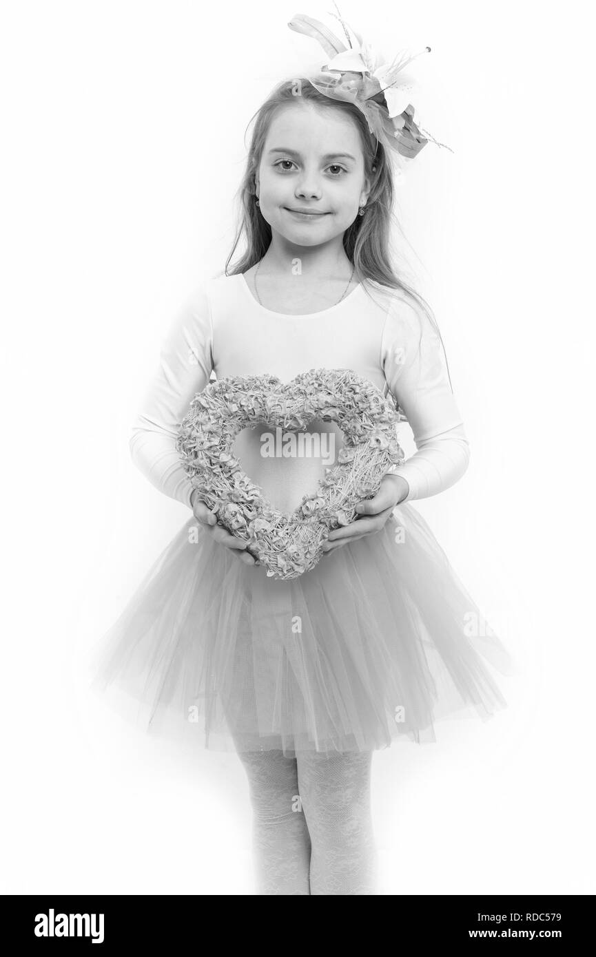 Child smile with pink heart wreath isolated on white. Love, holiday ...